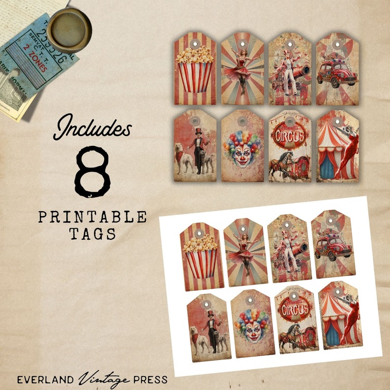 Circus Junk Journal Kits Tags & Envelopes, Vintage Circus Tags, Circus ...