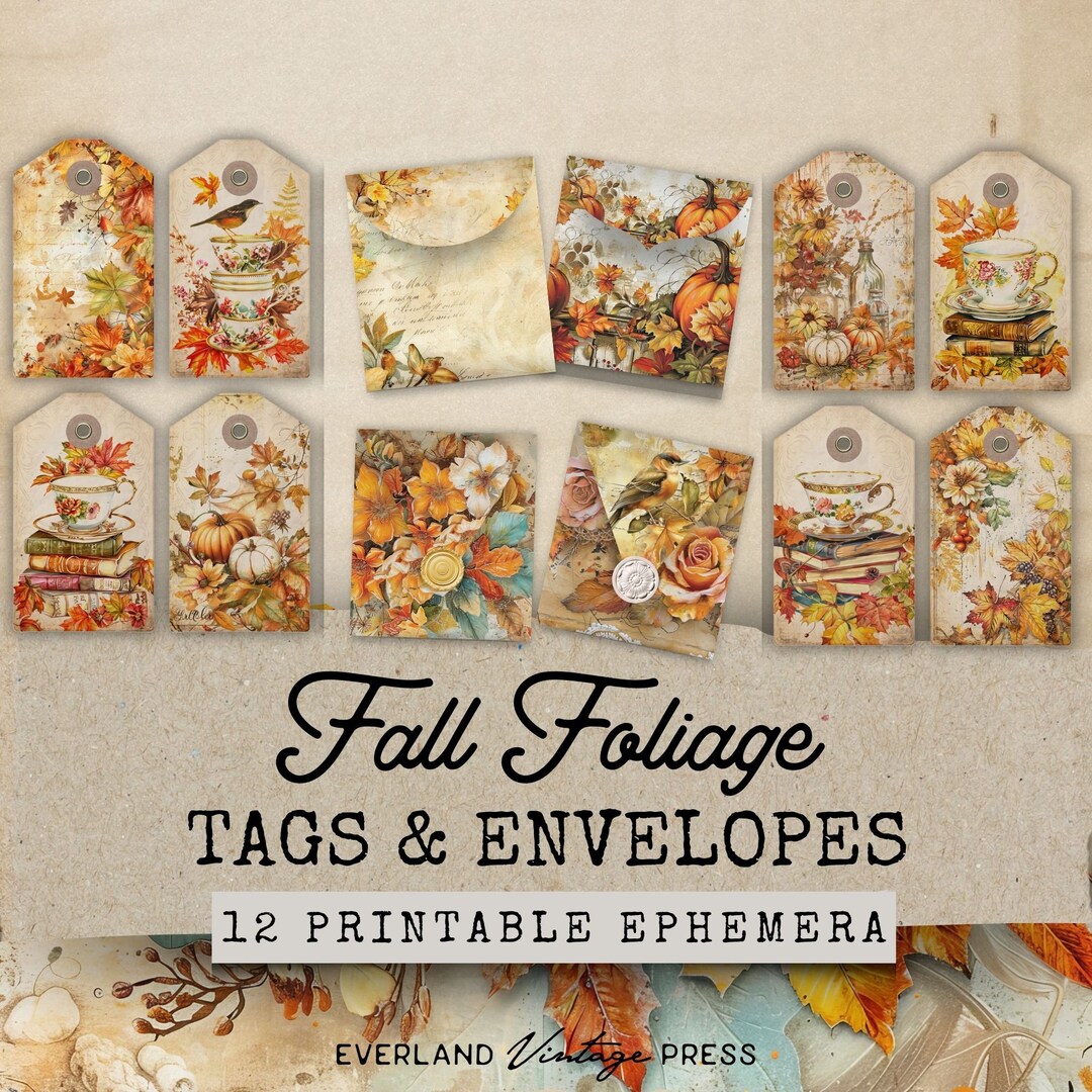 Fall Foliage Tags & Mini Envelopes, Cozy Autumn Junk Journal Kit Extras ...