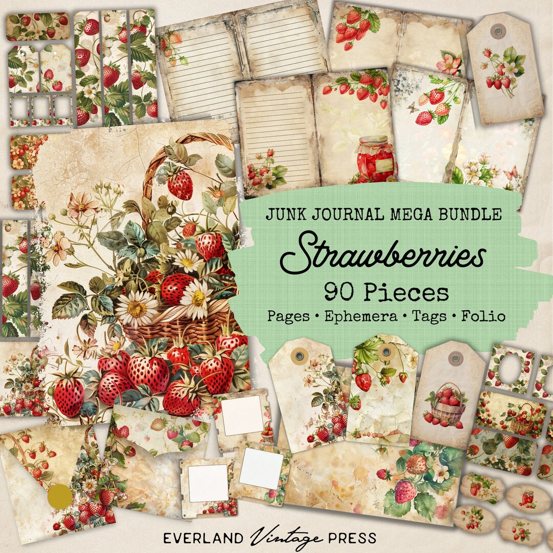 Strawberry Junk Journal Kit - 90 Pieces, Vintage Strawberry Ephemera ...