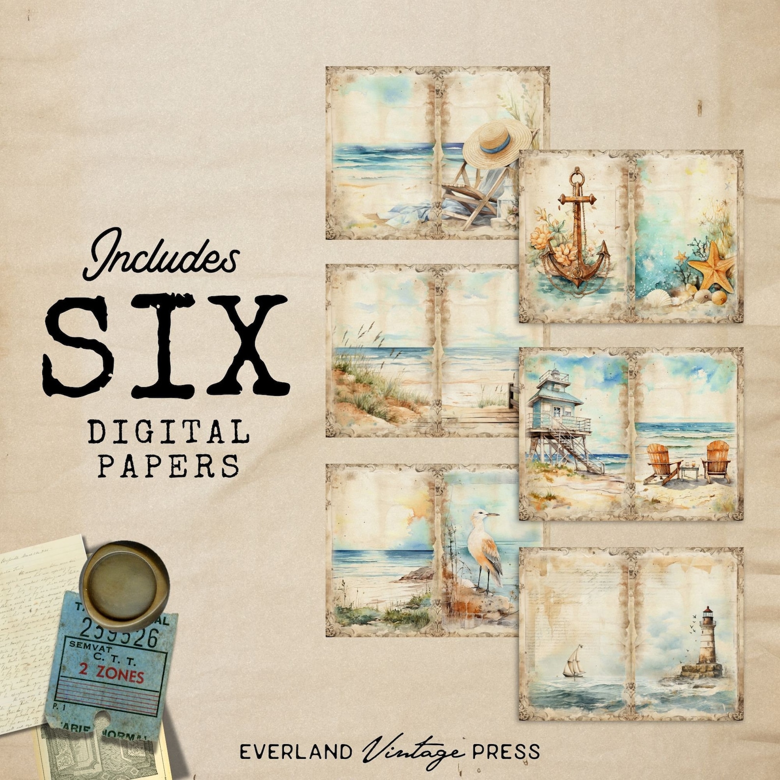 Beach Theme Junk Journal, Ocean Themed Junk Journal Papers, 6 Digital ...