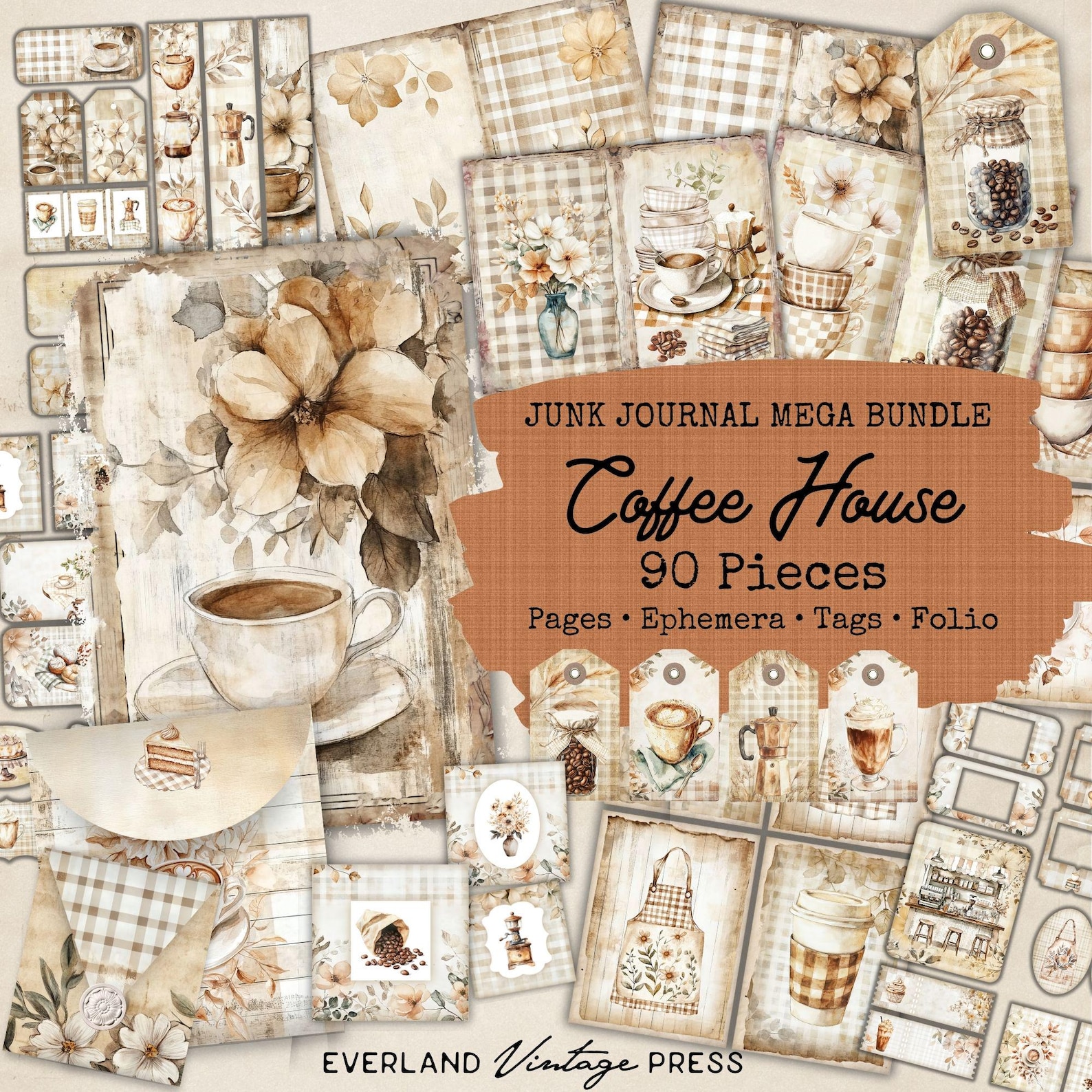 Coffee Junk Journal Kit Bundle-90 Pieces, Junk Journal Folio Coffee ...