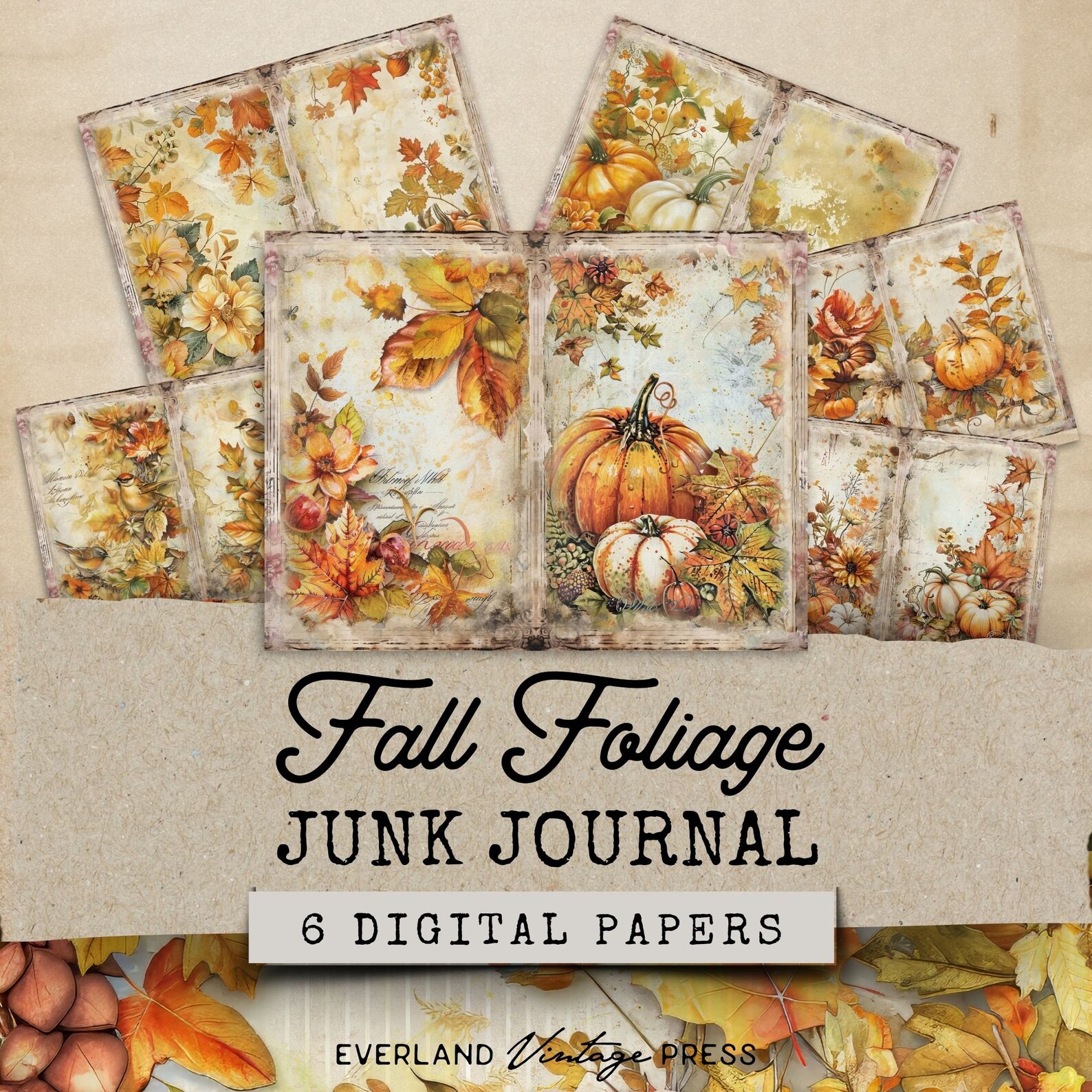 Fall Foliage Journal Papers, Cozy Autumn Junk Journal Kit, 6 Pumpkin ...