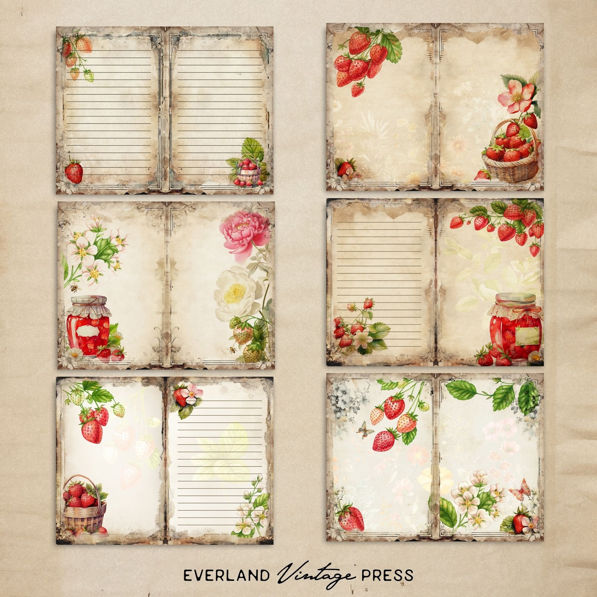 Strawberry Junk Journal Kit, Shabby Chic Junk Journal Digital Paper ...