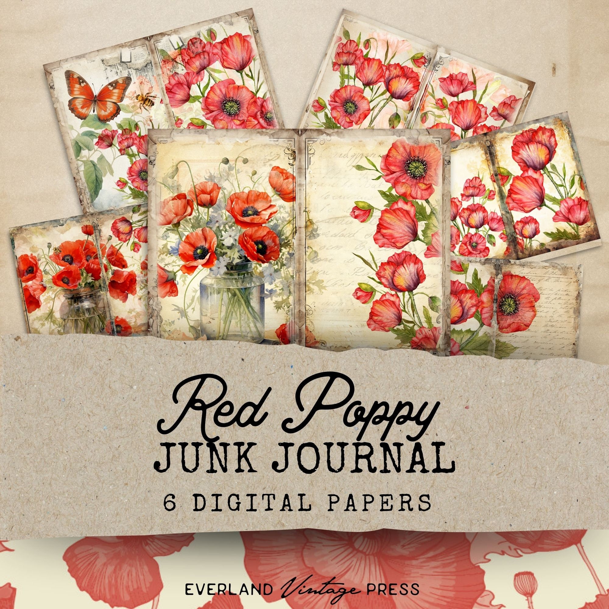 Red Poppy Junk Journal Digital Paper, Poppy Junk Journal Page, 6 ...