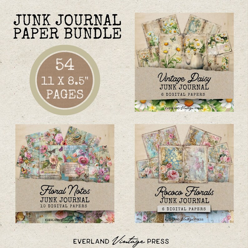 Elegant Floral Junk Journal Paper Bundle - 54 Pages, Wildflower Junk ...