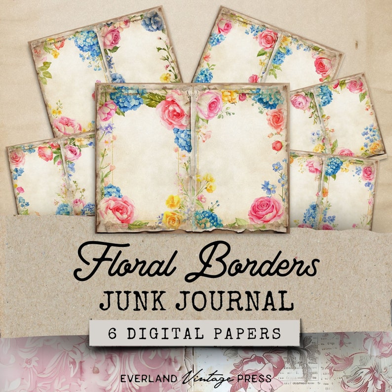 Wildflower Border Junk Journal, Victorian Ephemera, 6 Watercolor ...