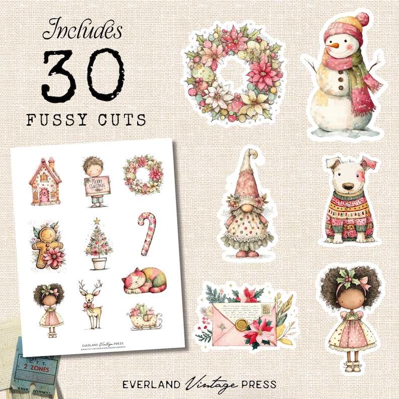 Retro Christmas Fussy Cuts, Snowmen Fussy Cuts, 30 Digital Download ...