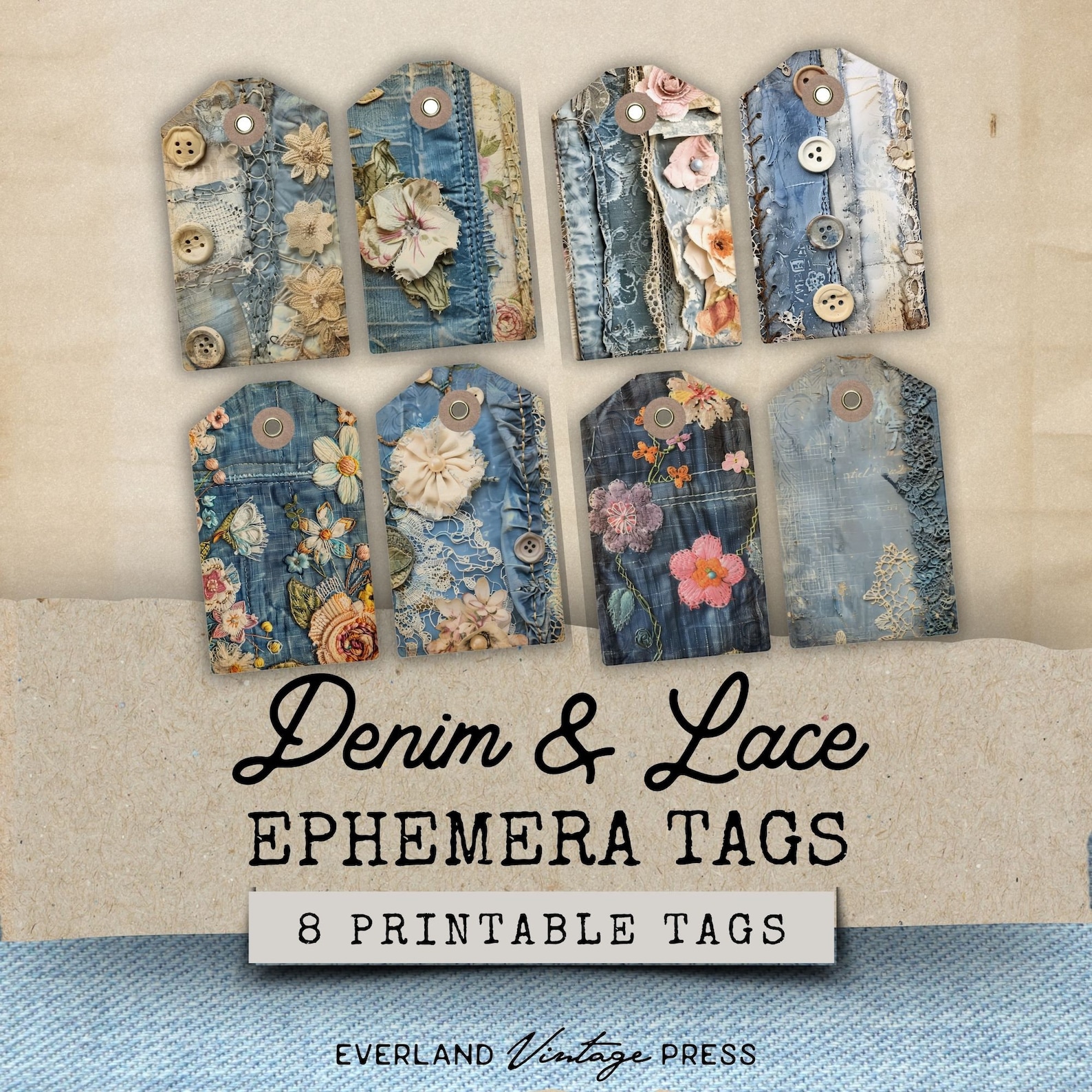 Ephemera Digital Download Denim Tags, Denim and Lace Junk Journal Tags ...