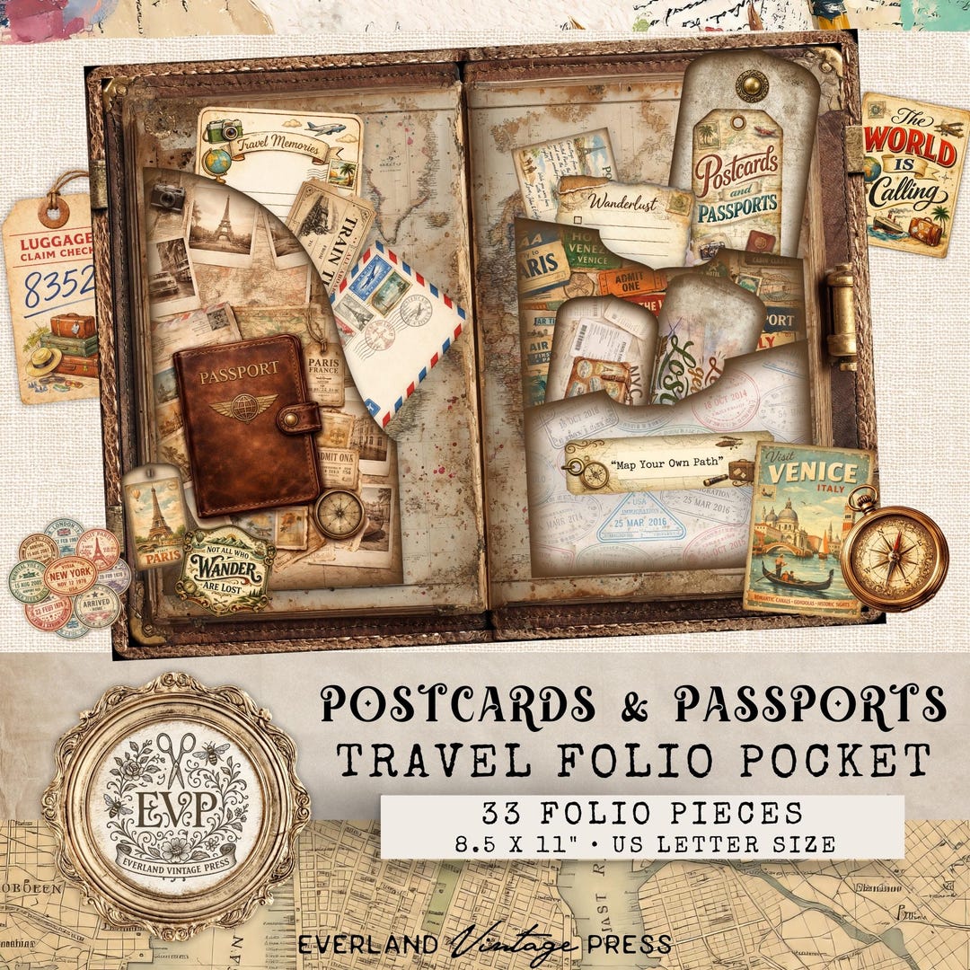 Postcards & Passports Folio Kit, Travel Folio,vintage Travel Ephemera ...