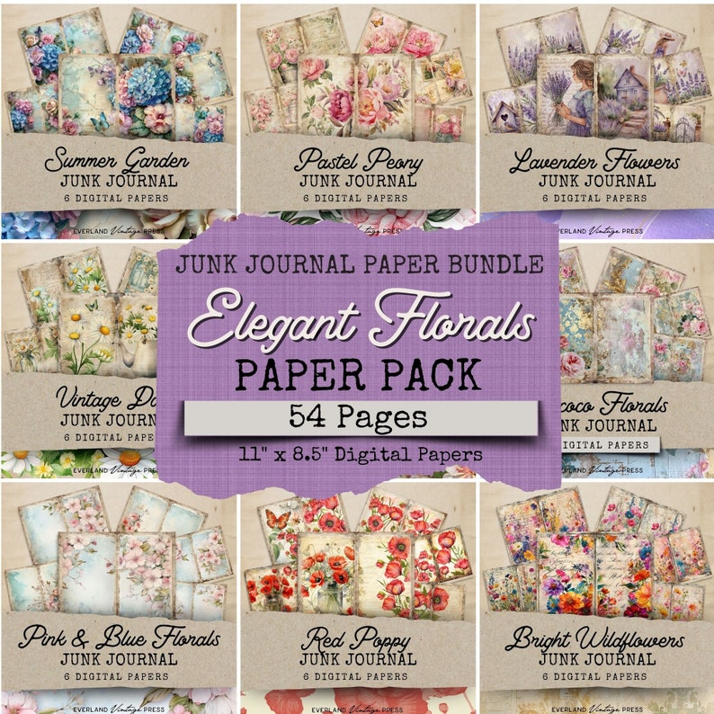 Elegant Floral Junk Journal Paper Bundle - 54 Pages, Wildflower Junk ...