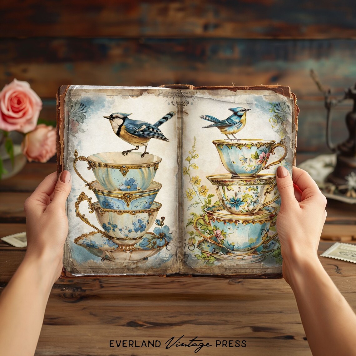 Tea Cups Junk Journal Papers, 6 Digital Pastel Pink and Blue Floral ...