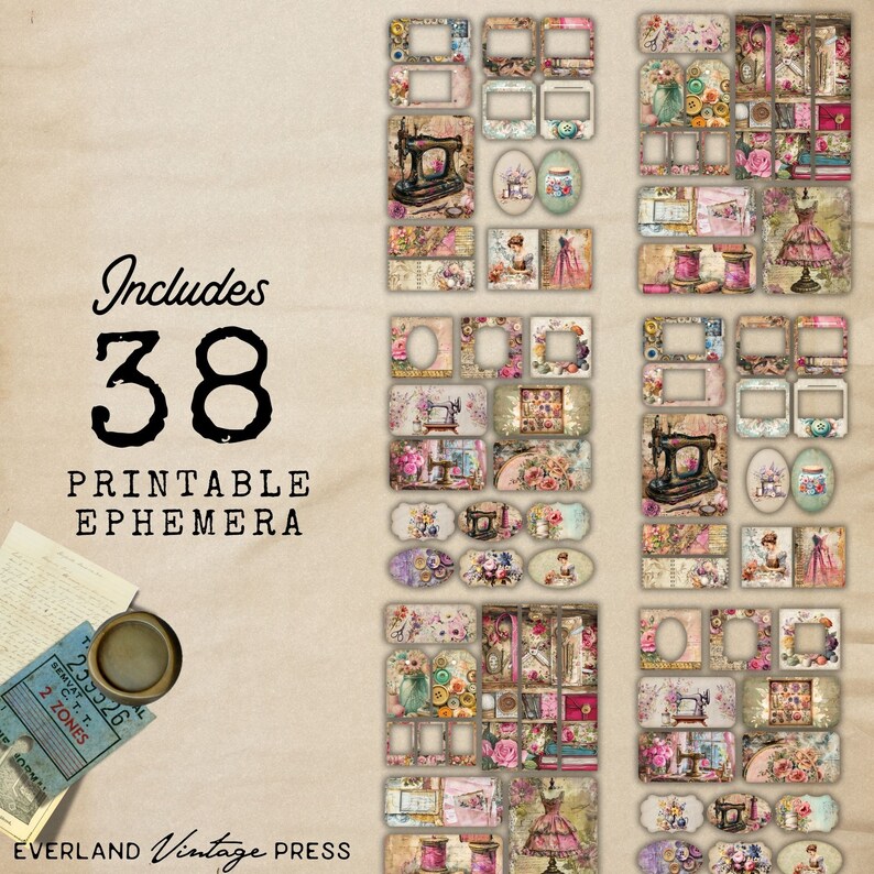 Sewing Theme Printable Junk Journal Ephemera, 38 Printable Junk Journal ...