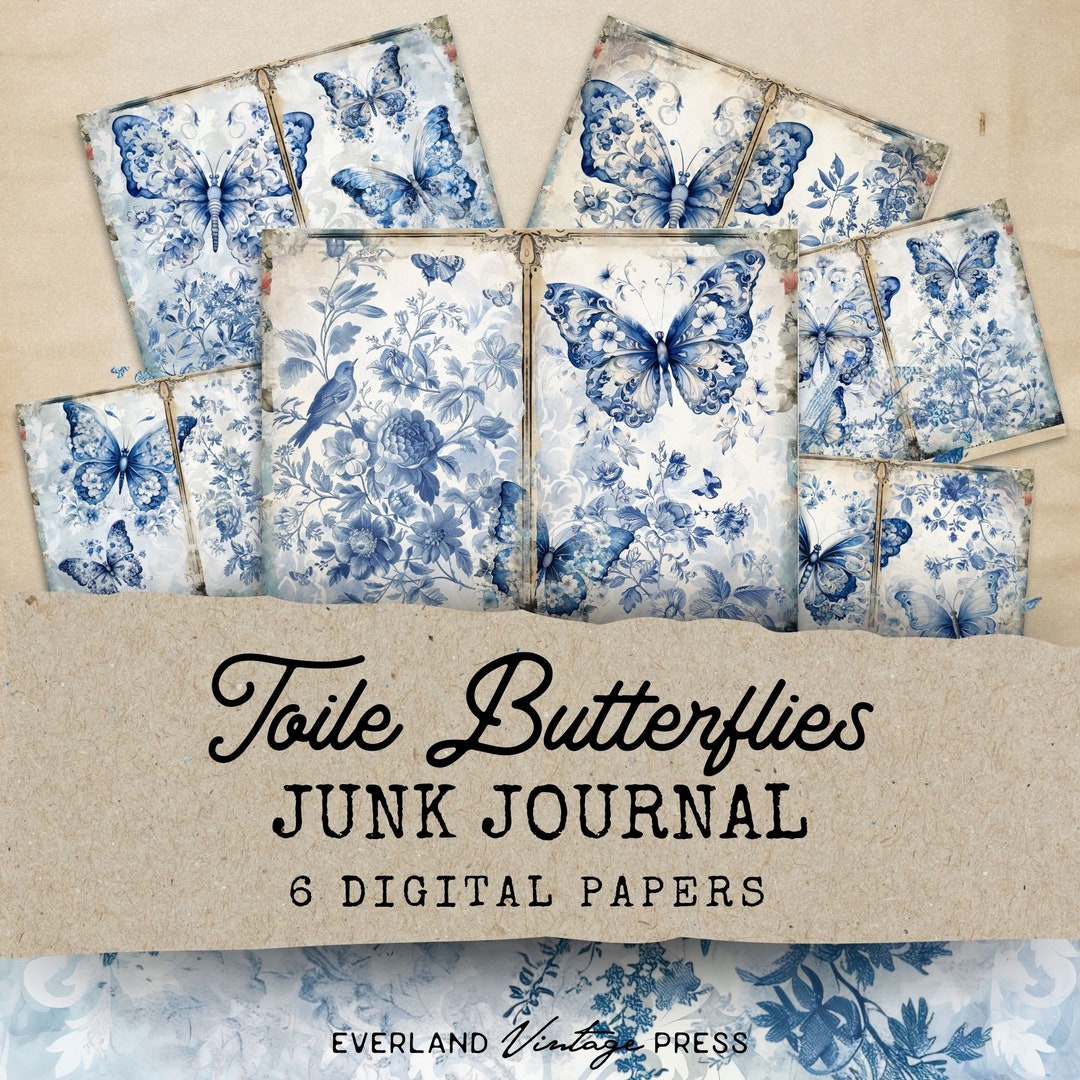 Blue Toile Junk Journal, Blue Toile Butterflies and Wildflowers Junk ...
