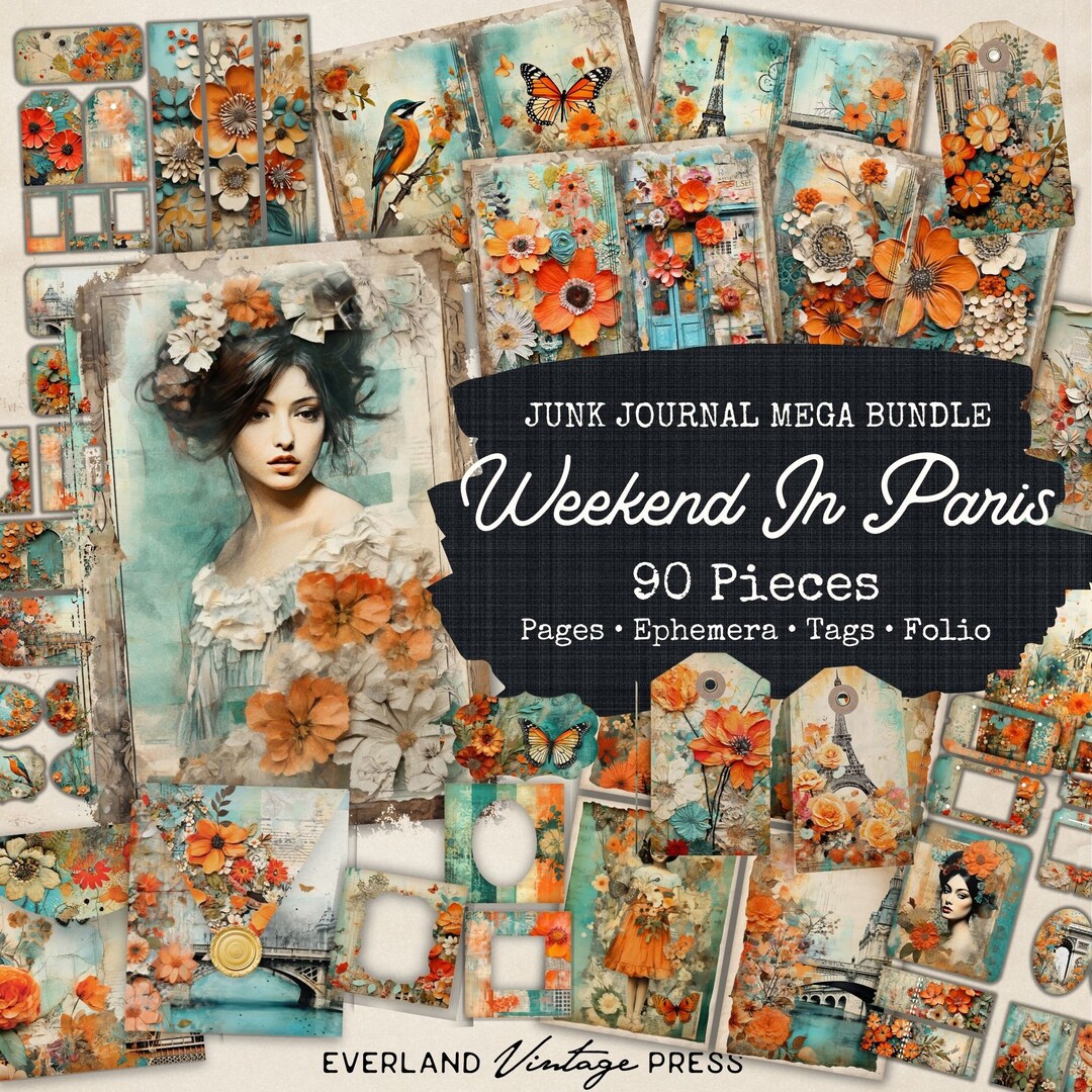 Teal and Orange Junk Journal Bundle-90 Pieces, Vintage Paris Ephemera ...