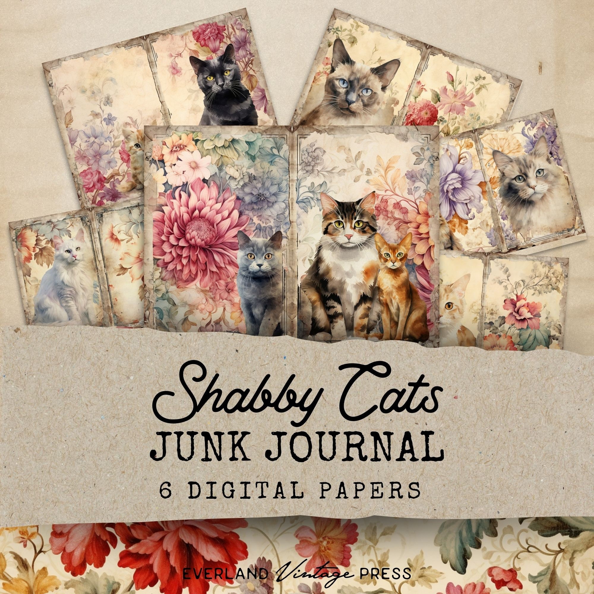 Shabby Cat Junk Journal Paper, Whimsical Cat Junk Journal Kit, 6 ...