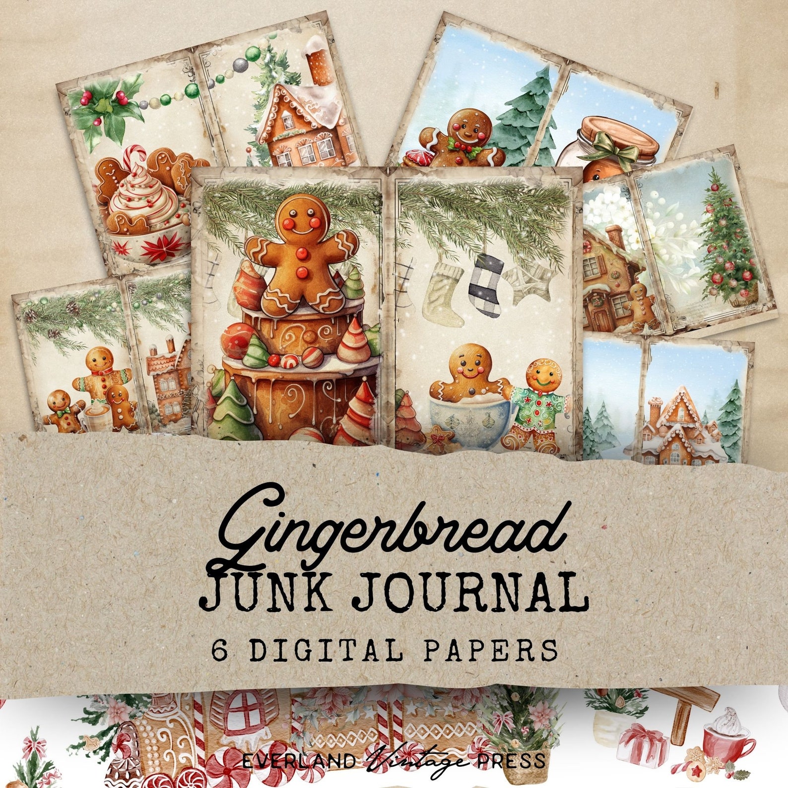 Gingerbread Junk Journal Pages, Gingerbread Junk Journal Kit, 6 ...