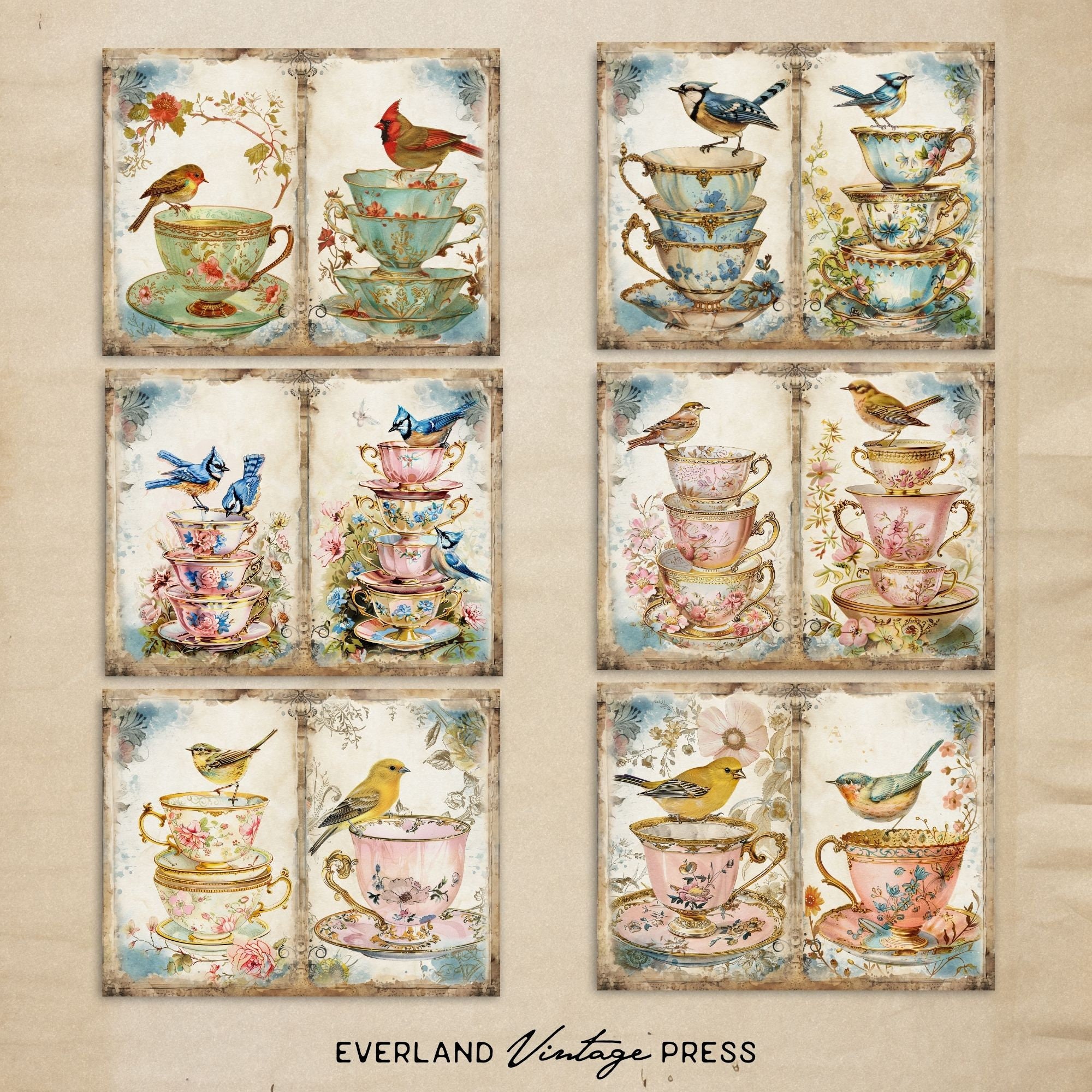 Tea Cups Junk Journal Papers, 6 Digital Pastel Pink and Blue Floral ...