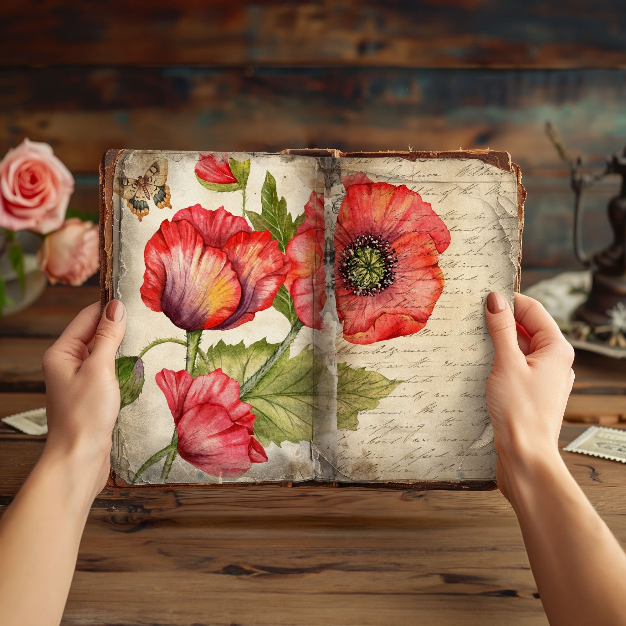 Red Poppy Junk Journal Digital Paper, Poppy Junk Journal Page, 6 ...