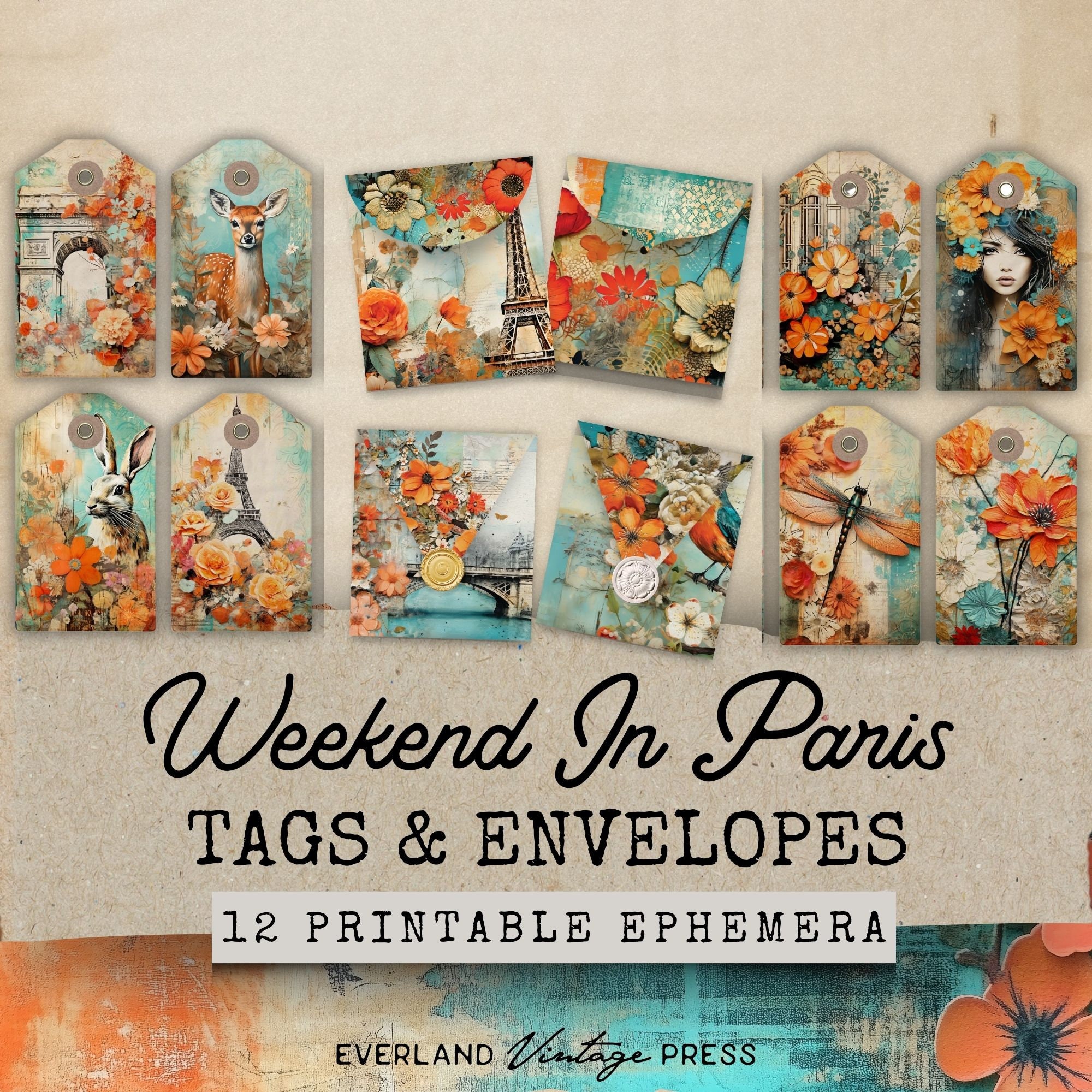 Teal and Orange Junk Journal Bundle-90 Pieces, Vintage Paris Ephemera ...