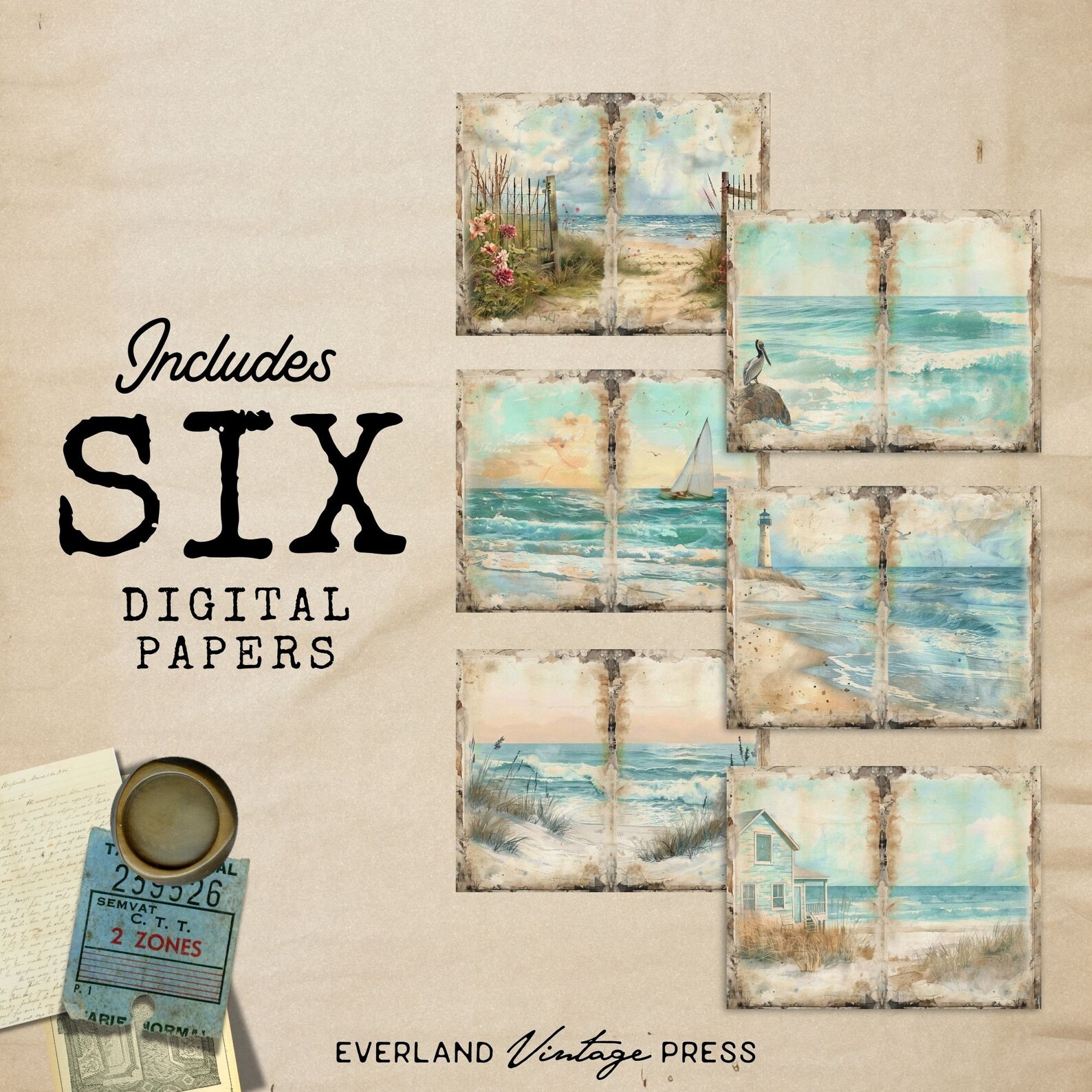 Coastal Junk Journal Kit, Beach Theme Junk Journal Pages, Ocean Theme ...