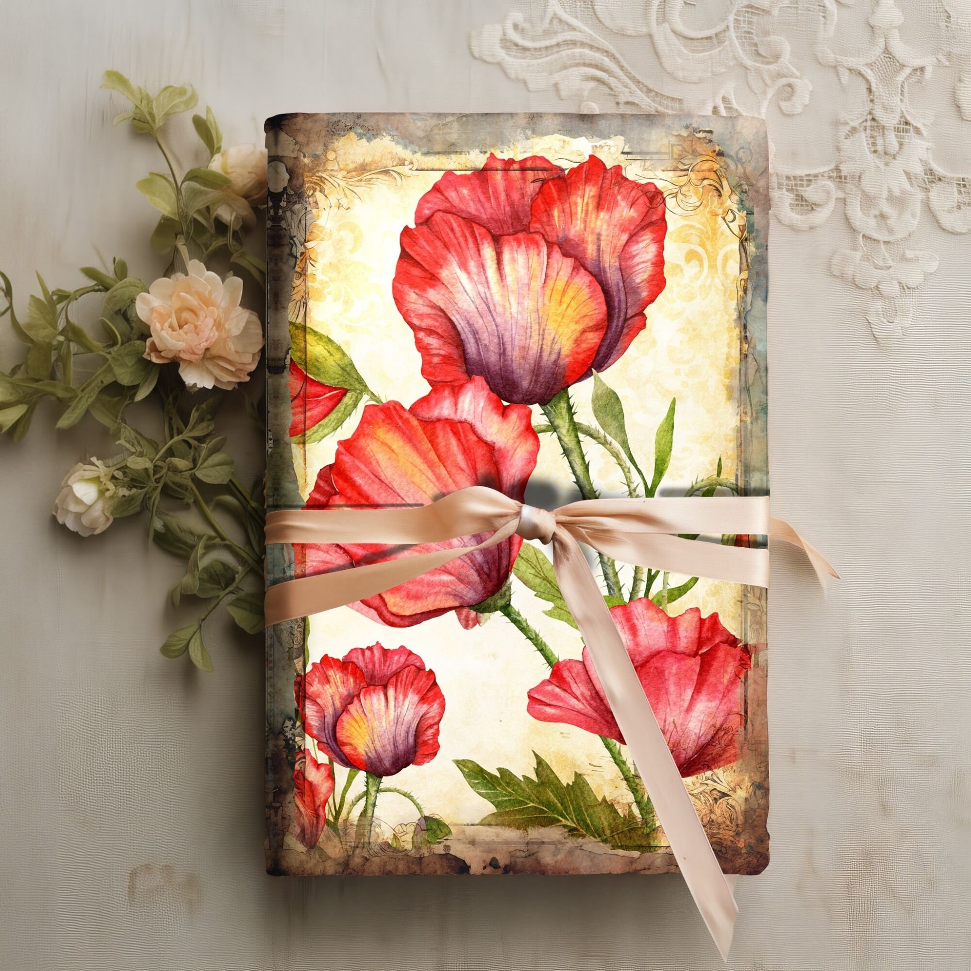 Red Poppy Junk Journal Digital Paper, Poppy Junk Journal Page, 6 ...