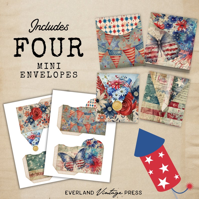 Junk Journal Kit 4th July Tags & Mini Envelopes, Fourth of July ...