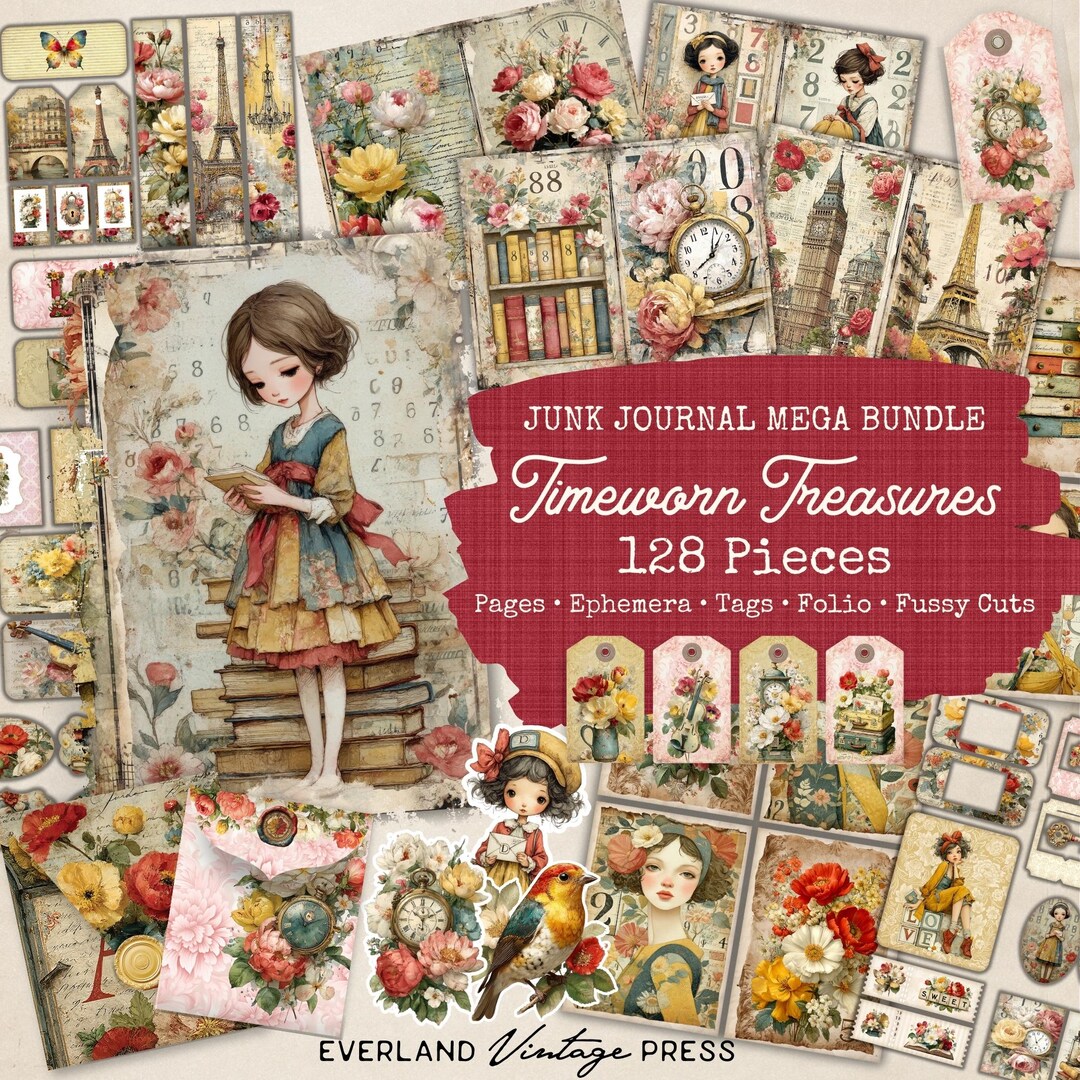 Timeworn Junk Journal Bundle, Vintage Rose Junk Journal Double Pages ...
