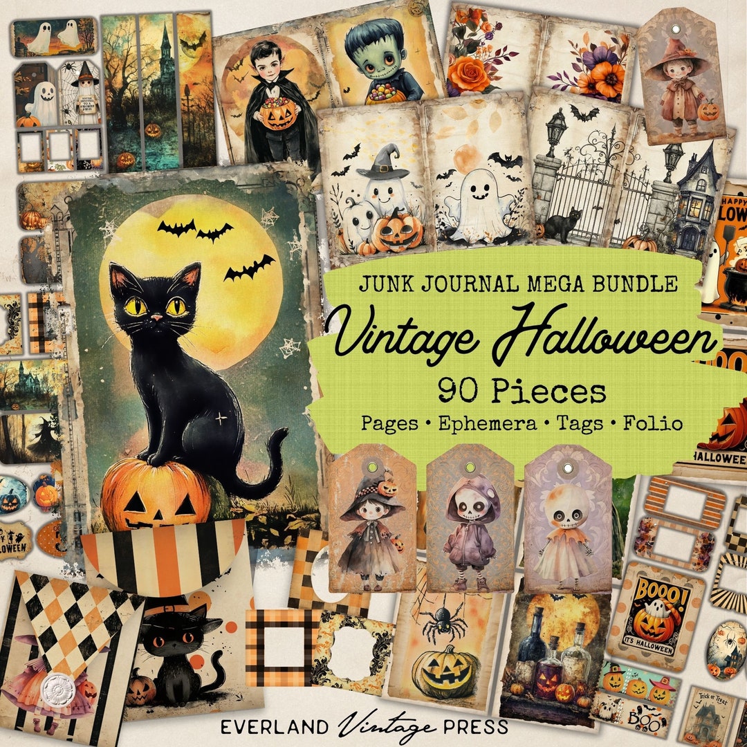 Vintage Halloween Junk Journal Bundle-90 Pieces, Vintage Halloween ...