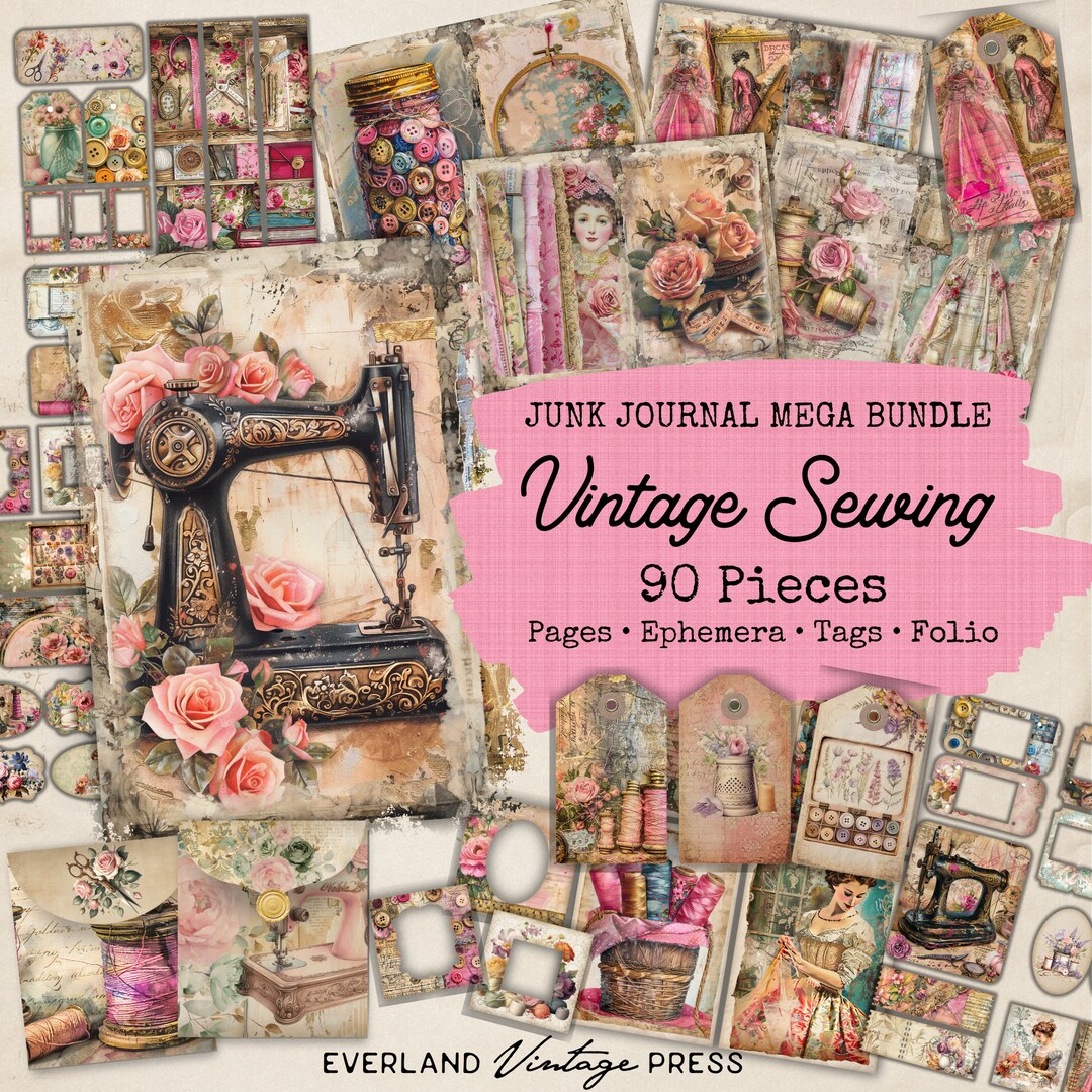 Sewing Theme Printable Junk Journal Bundle -90 Pieces, Sewing Ephemera ...