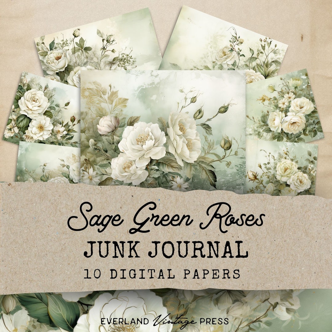 Sage Green Rose Junk Journal Double Pages, 10 Floral Digital Journal ...
