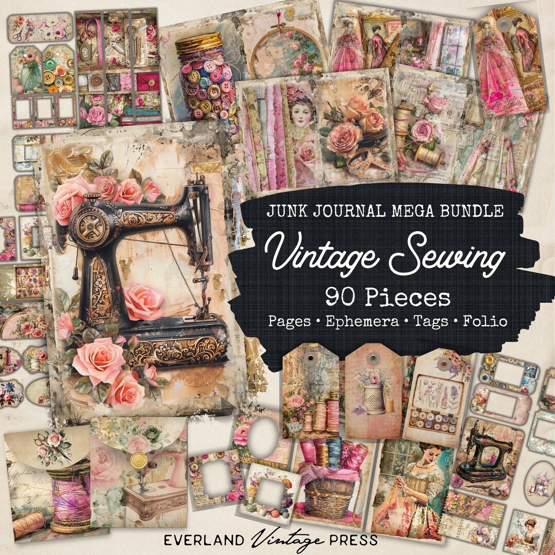 Sewing Theme Printable Junk Journal Bundle -90 Pieces, Sewing Ephemera ...