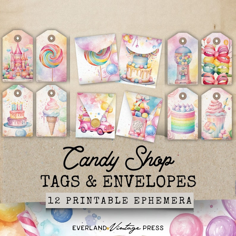 Candy Shop Junk Journal Tags & Mini Envelopes, Pastel Sweets Junk ...