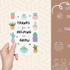 Teacher Thank You Card Printable, Thanks for Helping Me Grow, Teacher ...