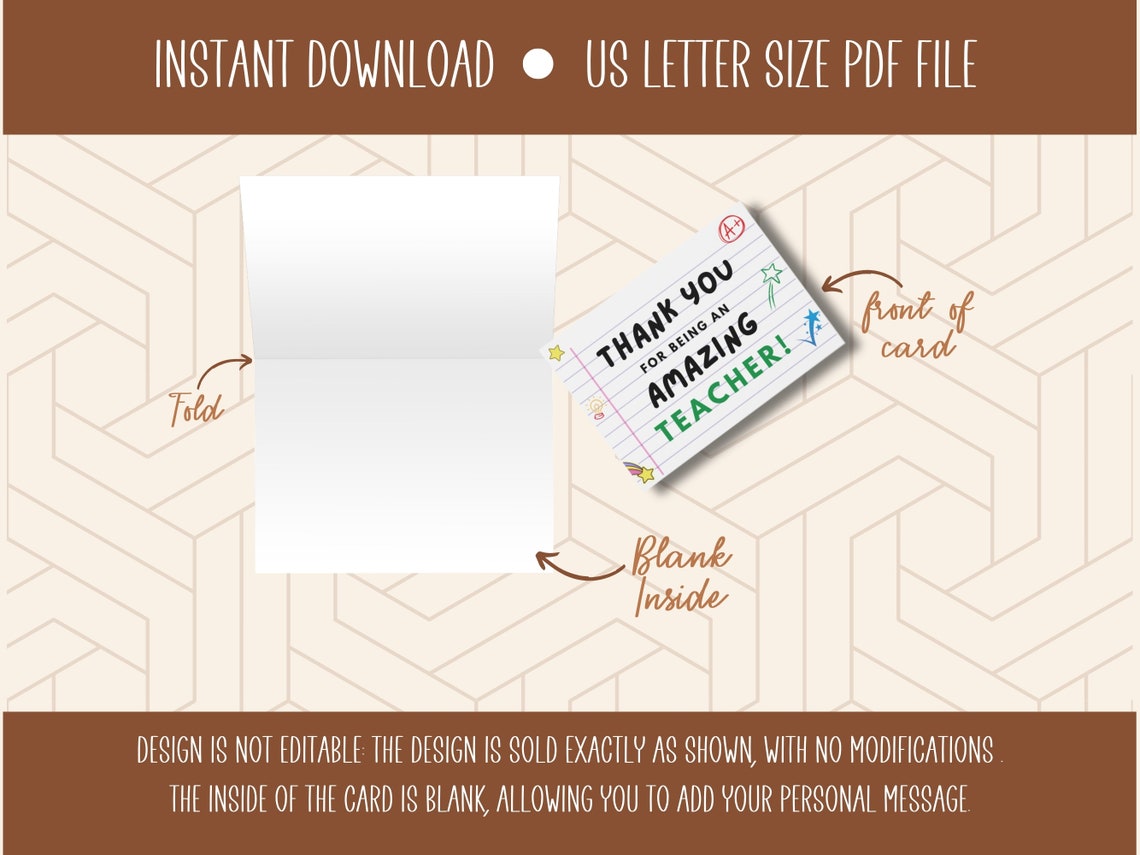 Teacher Thank You Card Printable, Teacher Appreciation Card, End of ...