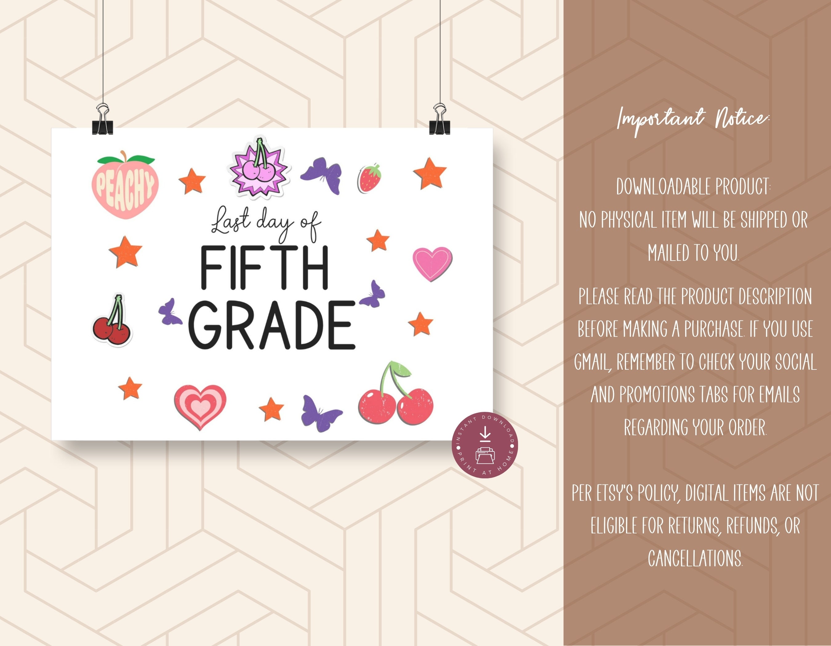 Last Day of Fifth Grade Sign Printable, 5th Grade Poster 10 X 8 & 11 X ...