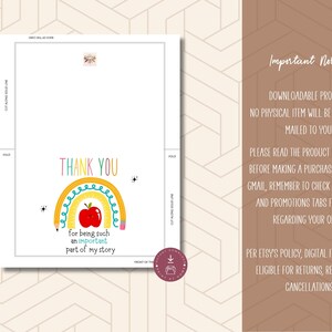 Teacher Thank You Card- Thank You for Being Part of My Story Printable ...