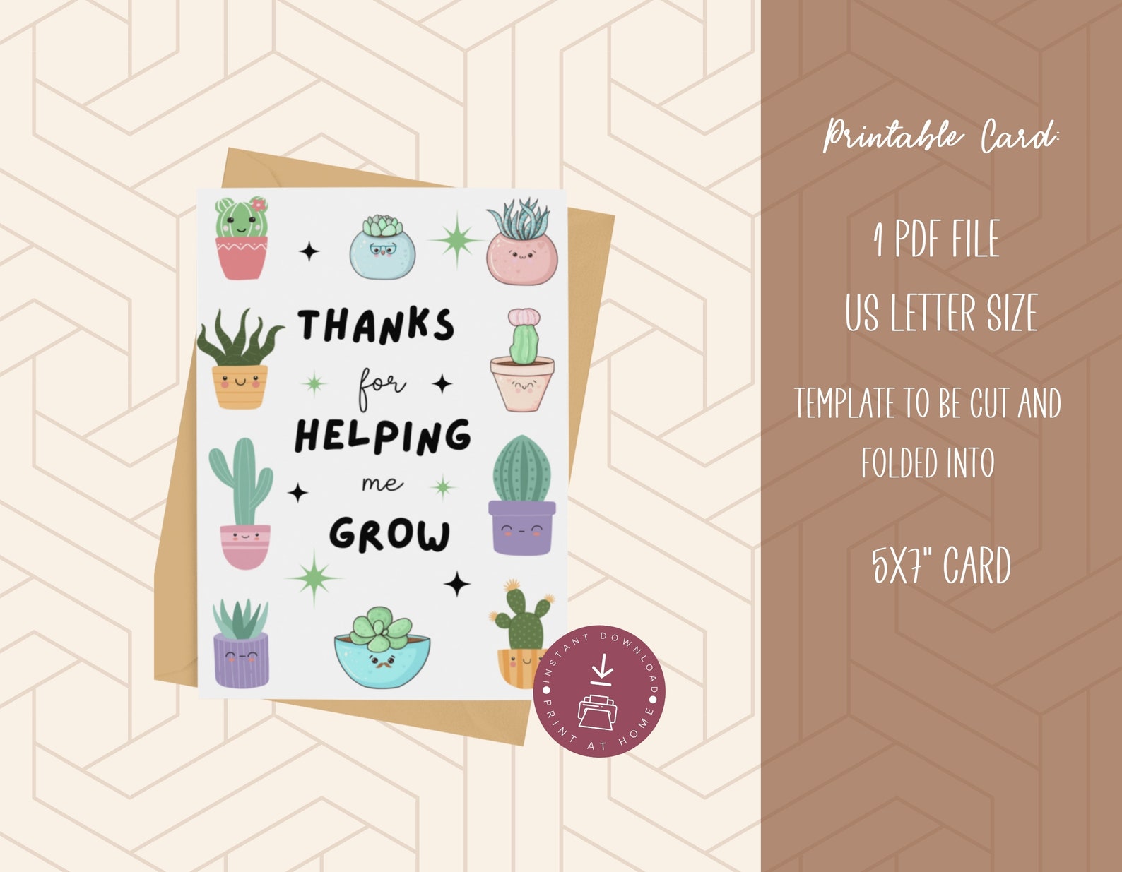 Teacher Thank You Card Printable, Thanks for Helping Me Grow, Teacher ...