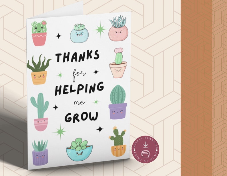 Teacher Thank You Card Printable, Thanks for Helping Me Grow, Teacher ...