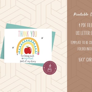 Teacher Thank You Card- Thank You for Being Part of My Story Printable ...