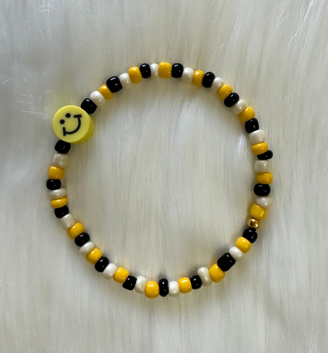 Beaded Stretch Smiley Yellow Black Bracelet - Etsy