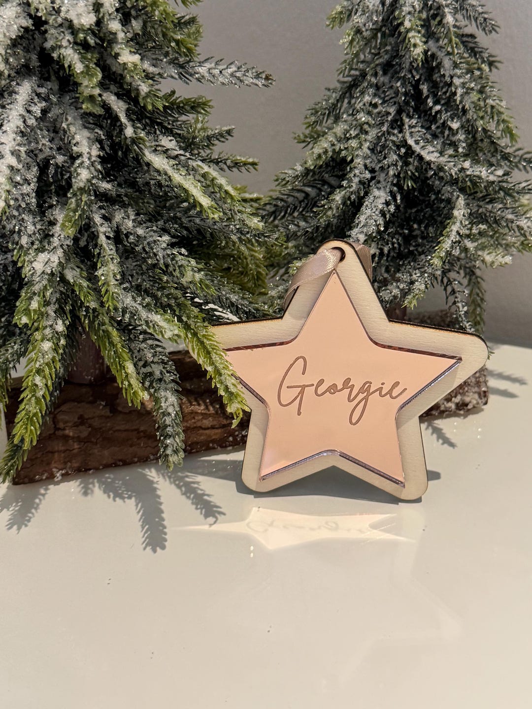 Personalised Christmas Star Bauble Rose Gold Mirror Acrylic With Wood ...