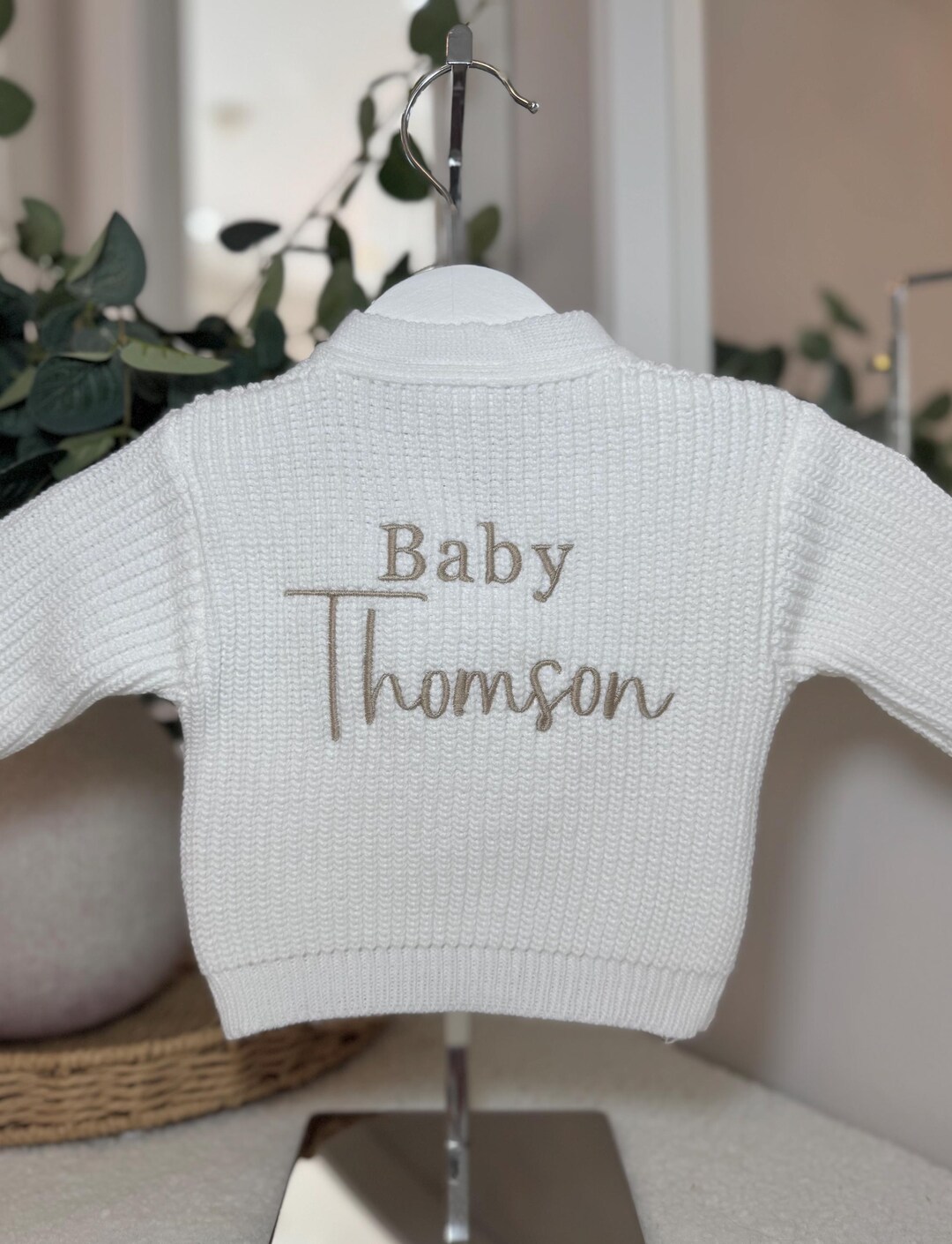 Knitted White Personalised Baby Cardigan – Custom Embroidered Name ...