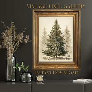 Vintage Christmas Tree Digital Wall Art Decor Wintery Forest Scene ...