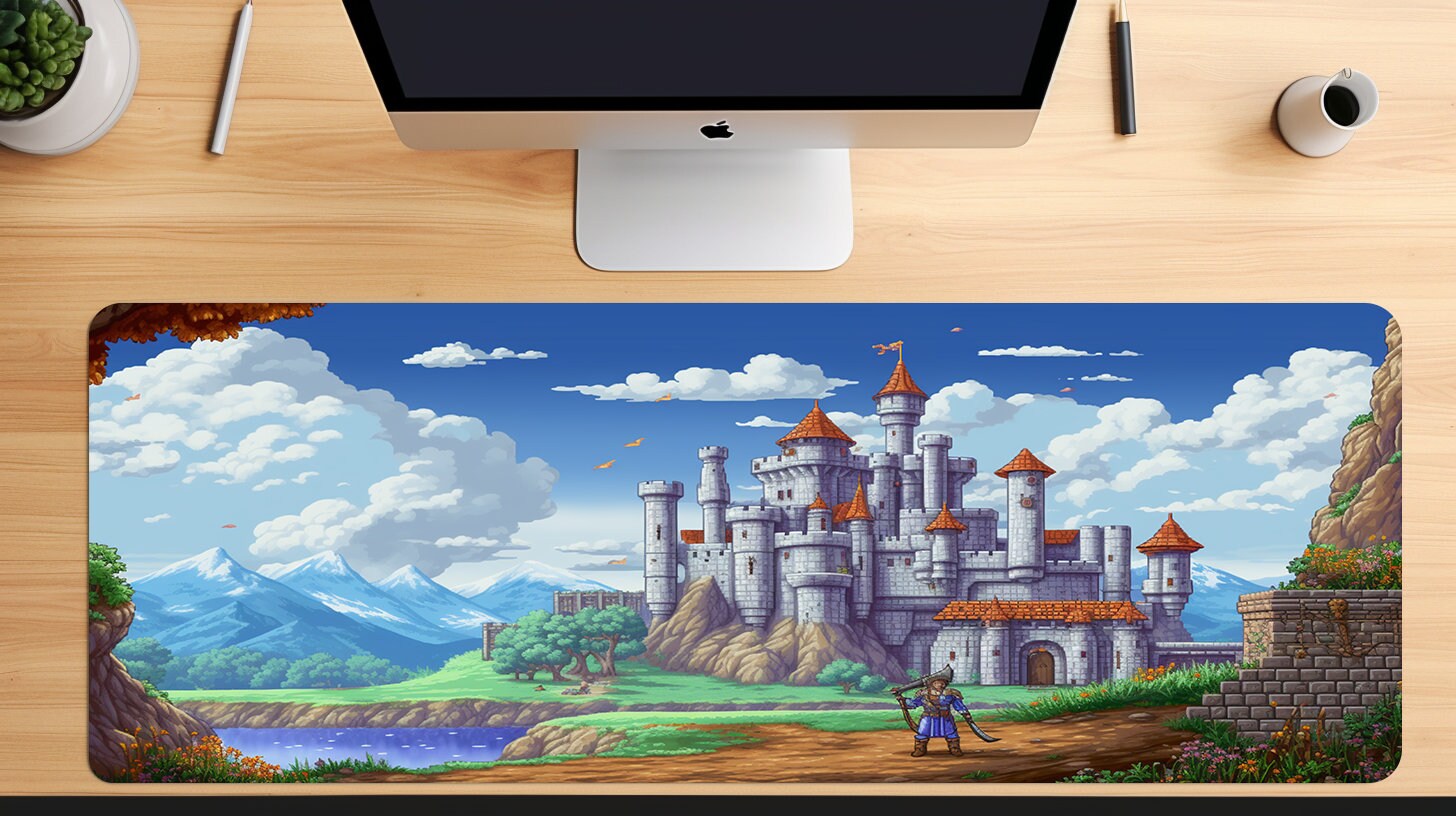 2D Pixelated Castle, Vintage, Gaming Desk Mat, Long Desk Mats, Mousepad ...