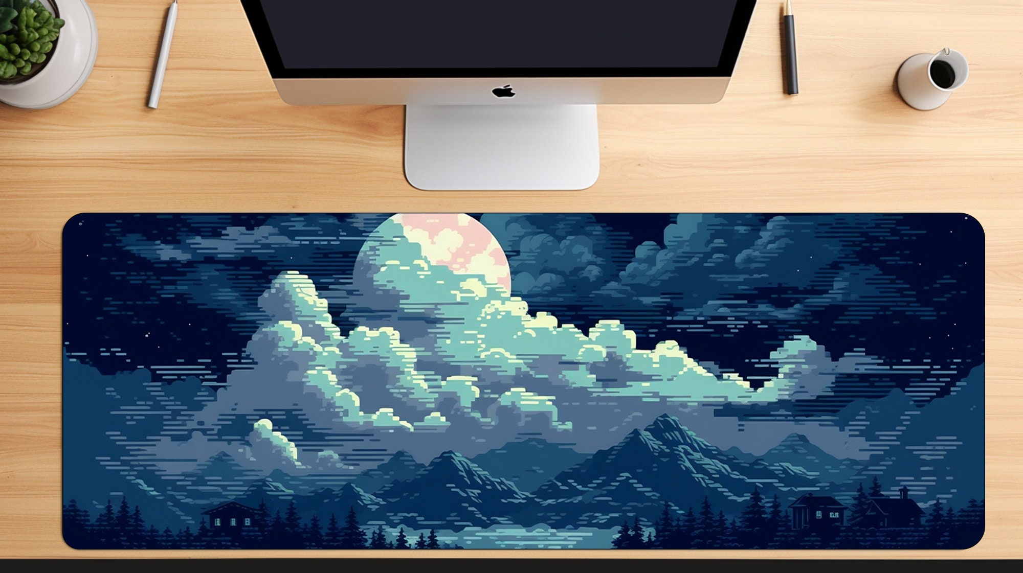 2D Pixelated Clouds, Gaming Desk Mat, Long Desk Mats, Mousepad ...