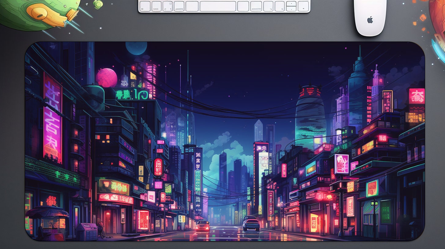 Neon Tokyo City Skyline Gaming Desk Mat, Long Desk Mats, Mousepad ...