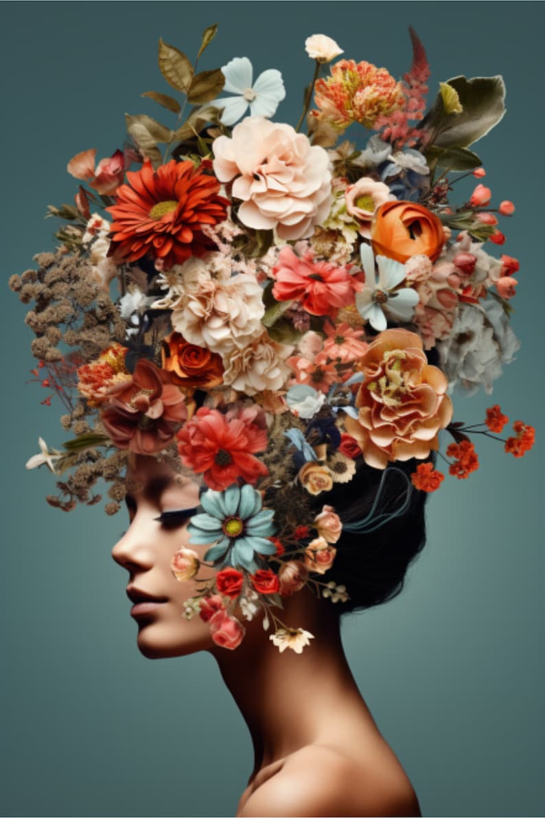 Flower Head Woman Collage Wall Art Head of Flowers Artwork Surreal ...