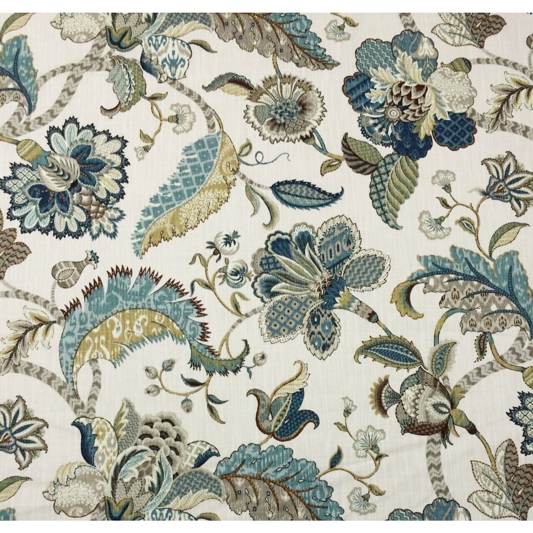 Ballard Designs Courtney Peacock Blue Jacobean Floral Fabric by Yard ...