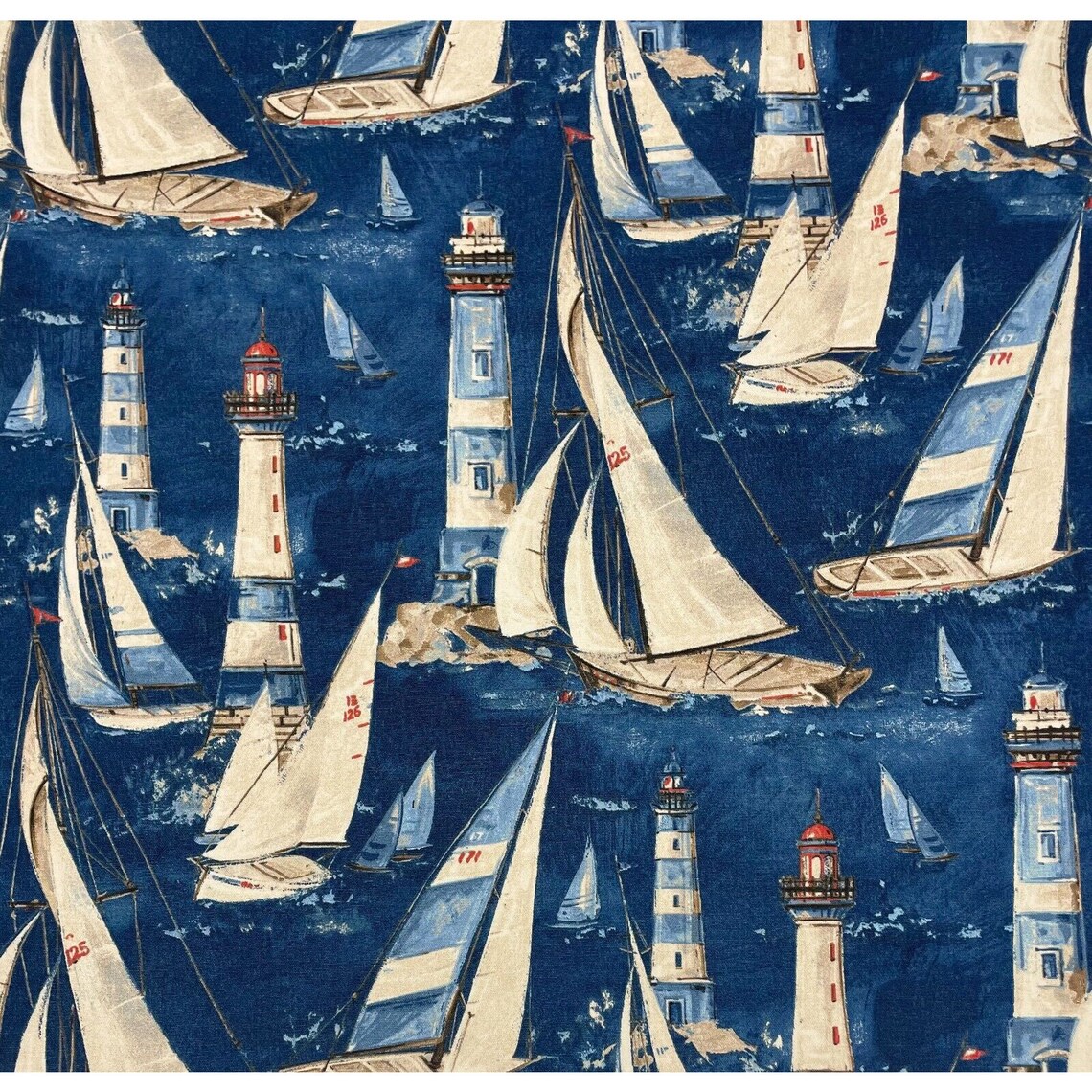 Waverly in the Breeze Indigo Blue Lighthouse Sailboat Cotton Fabric by ...