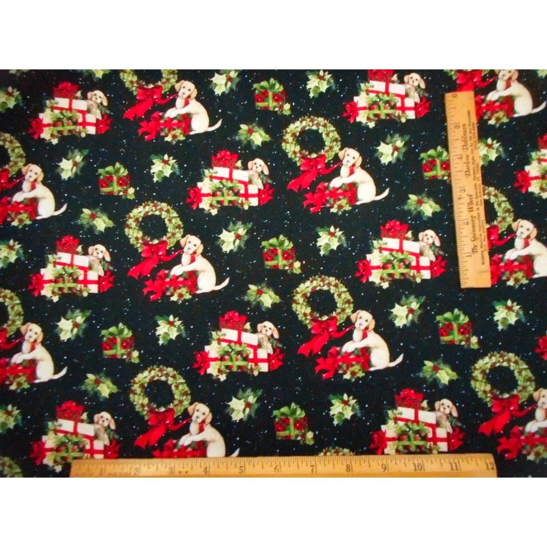 Vintage Susan Winget Holly Gifts Fabric Half-yard Christmas Dogs Cotton Kids Black Yellow Tan ...